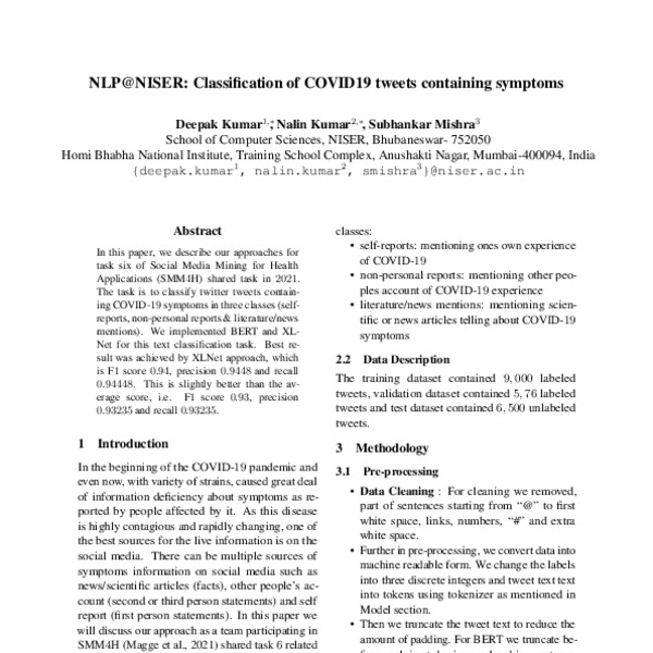 NLP@NISER: Classification of COVID19 tweets containing symptoms - ACL ...