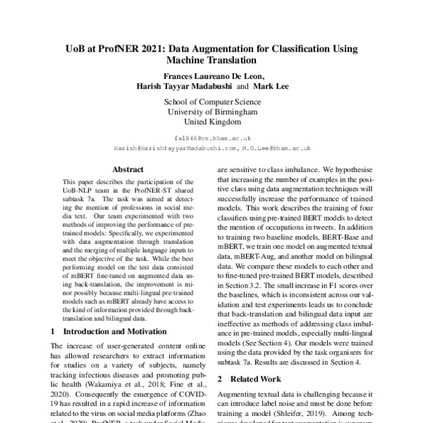 UoB at ProfNER 2021: Data Augmentation for Classification Using Machine Translation - ACL Anthology