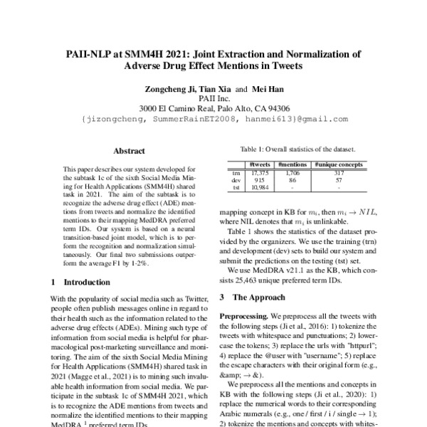 PAII-NLP at SMM4H 2021: Joint Extraction and Normalization of Adverse Drug Effect Mentions in ...
