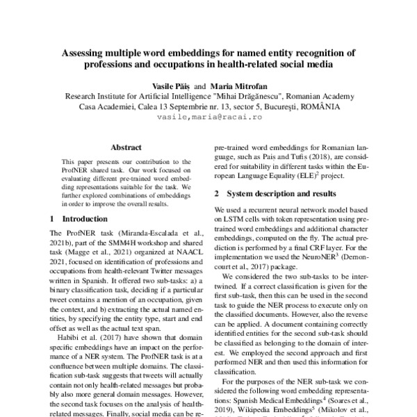 Assessing Multiple Word Embeddings For Named Entity Recognition Of Professions And Occupations