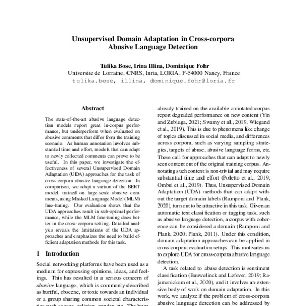 Unsupervised Domain Adaptation In Cross Corpora Abusive Language