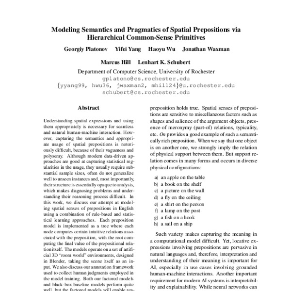 Modeling Semantics And Pragmatics Of Spatial Prepositions Via Hierarchical Common Sense