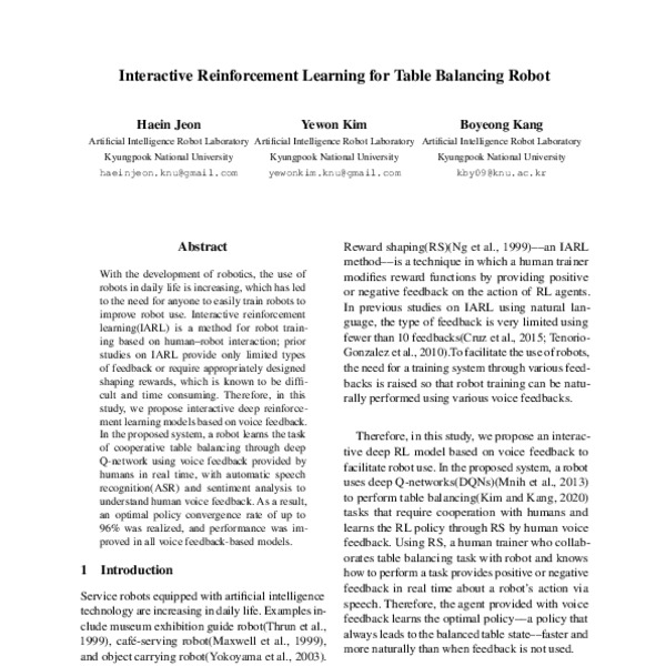 Interactive Reinforcement Learning for Table Balancing Robot - ACL Anthology