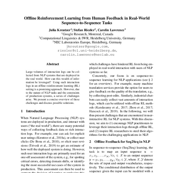 Offline Reinforcement Learning from Human Feedback in Real-World Sequence-to-Sequence Tasks ...