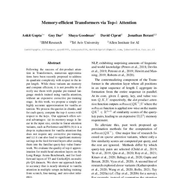 Memory-efficient Transformers via Top-k Attention - ACL Anthology