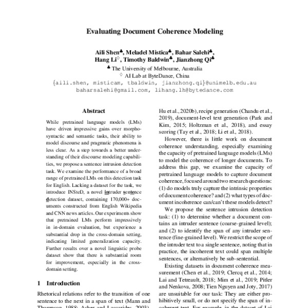 Evaluating Document Coherence Modeling - ACL Anthology
