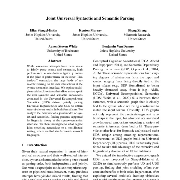 Joint Universal Syntactic and Semantic Parsing - ACL Anthology