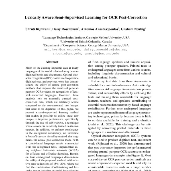 Lexically Aware Semi-Supervised Learning for OCR Post-Correction - ACL Anthology