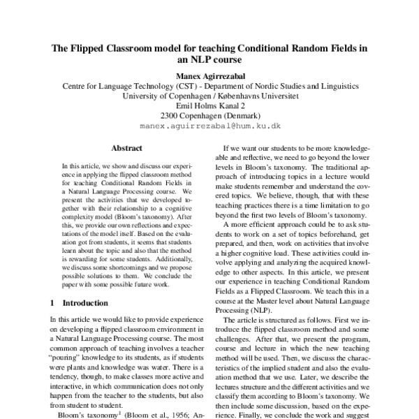 The Flipped Classroom model for teaching Conditional Random Fields in an NLP course - ACL Anthology