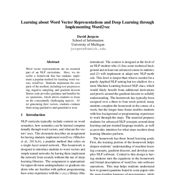 Learning about Word Vector Representations and Deep Learning through Implementing Word2vec - ACL ...