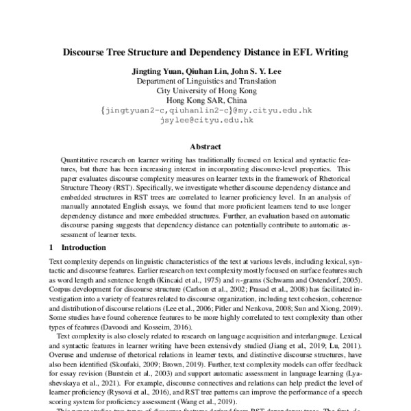 Discourse Tree Structure and Dependency Distance in EFL Writing - ACL Anthology