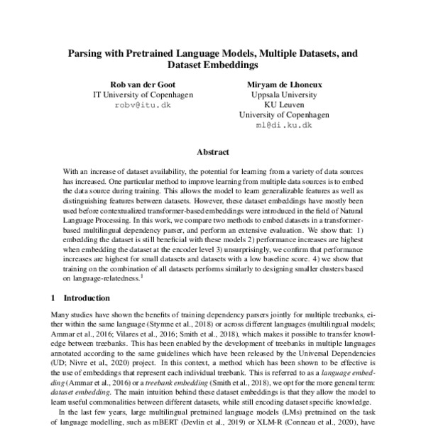 Parsing with Pretrained Language Models, Multiple Datasets, and Dataset Embeddings - ACL Anthology