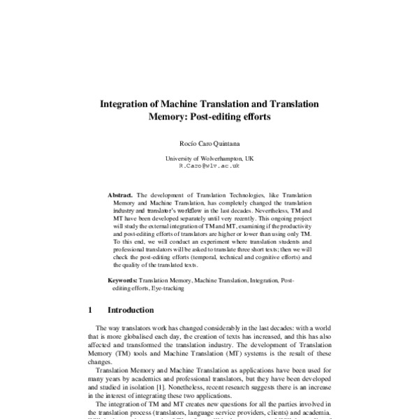 Integration Of Machine Translation And Translation Memory Post Editing Efforts Acl Anthology