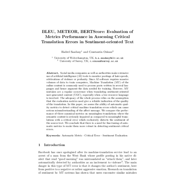 BLEU, METEOR, BERTScore: Evaluation of Metrics Performance in Assessing ...
