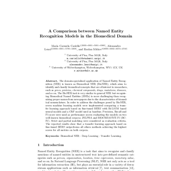 A Comparison between Named Entity Recognition Models in the Biomedical Domain - ACL Anthology