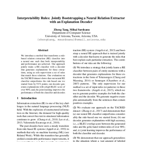 Interpretability Rules Jointly Bootstrapping A Neural Relation Extractorwith An Explanation