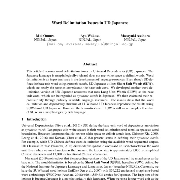 Word Delimitation Issues in UD Japanese - ACL Anthology