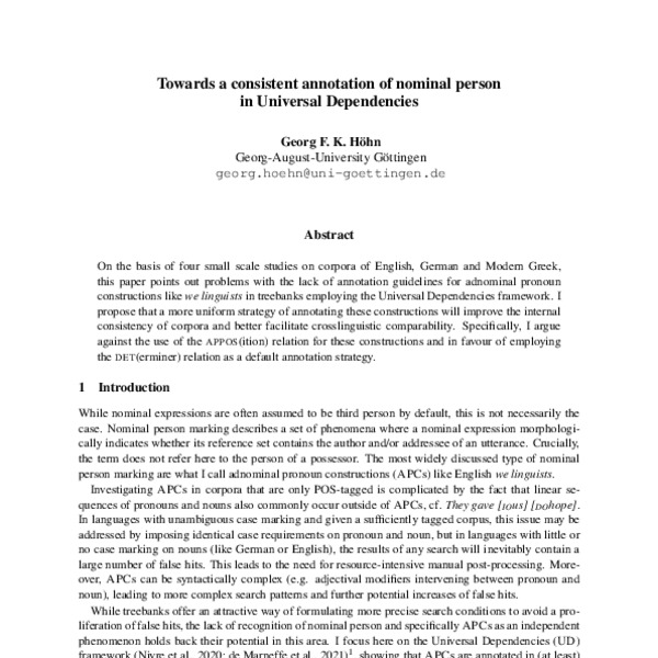 Towards a consistent annotation of nominal person in Universal ...
