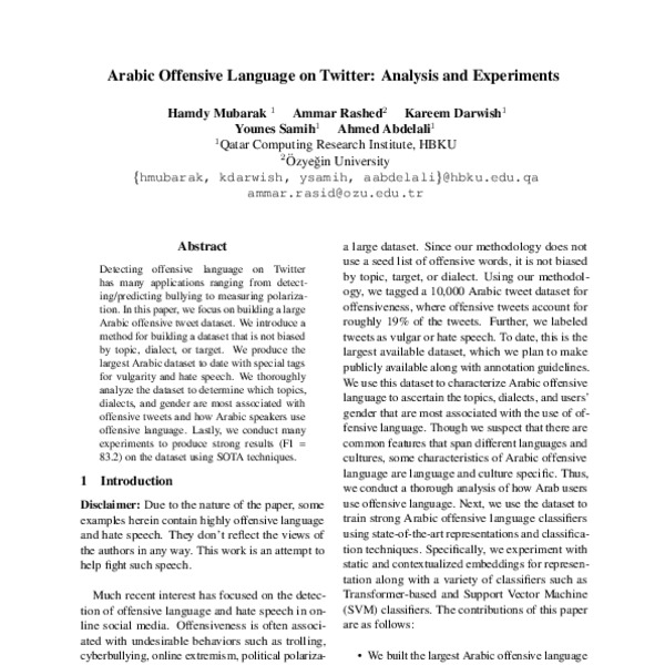 Arabic Offensive Language on Twitter: Analysis and Experiments - ACL ...