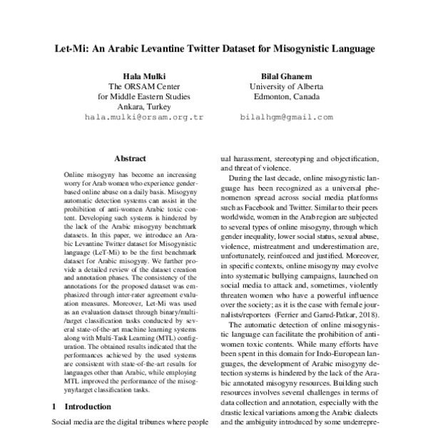 Let-Mi: An Arabic Levantine Twitter Dataset for Misogynistic Language ...