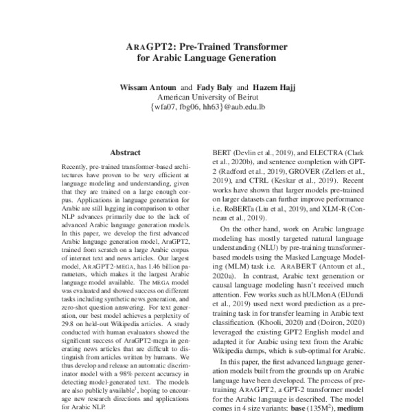 AraGPT2: Pre-Trained Transformer for Arabic Language Generation - ACL Anthology