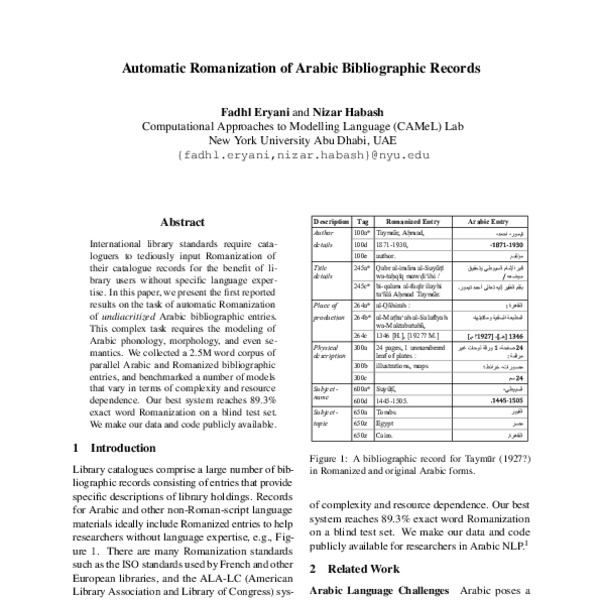 Automatic Romanization of Arabic Bibliographic Records - ACL Anthology
