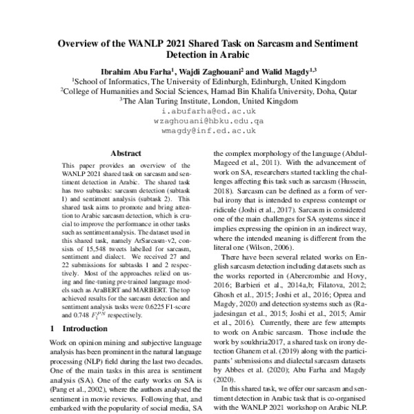 Overview of the WANLP 2021 Shared Task on Sarcasm and Sentiment Detection in Arabic - ACL Anthology