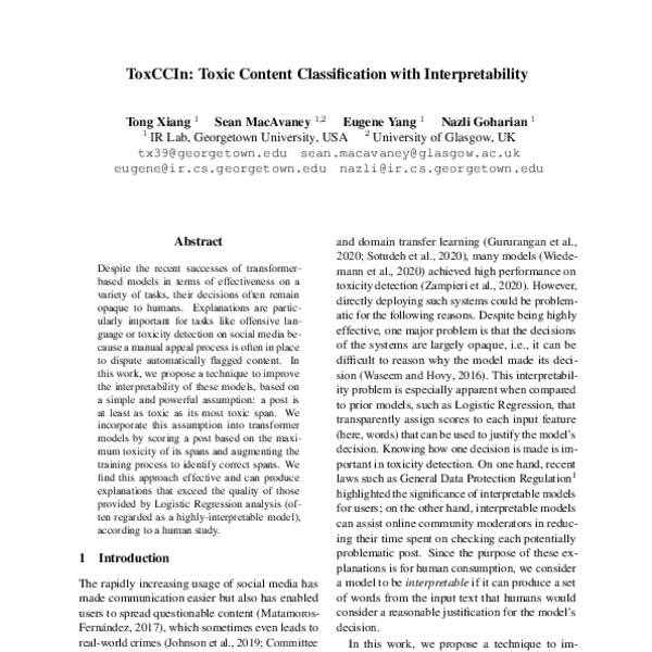 ToxCCIn: Toxic Content Classification with Interpretability - ACL Anthology