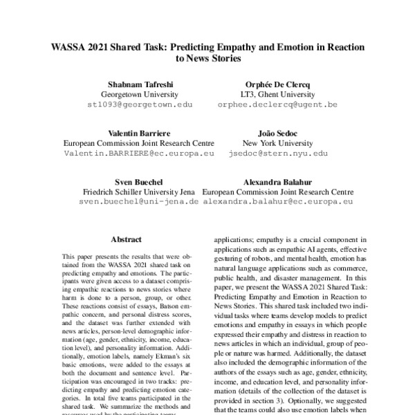 WASSA 2021 Shared Task: Predicting Empathy and Emotion in Reaction to News Stories - ACL Anthology