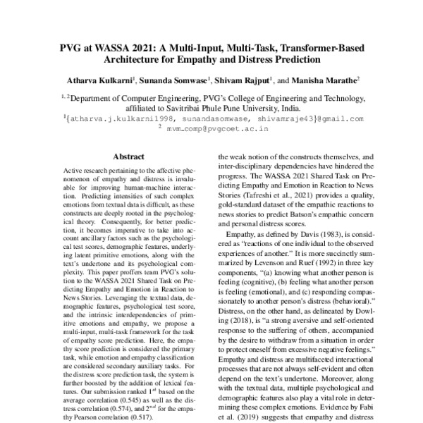 PVG at WASSA 2021: A Multi-Input, Multi-Task, Transformer-Based Architecture for Empathy and ...