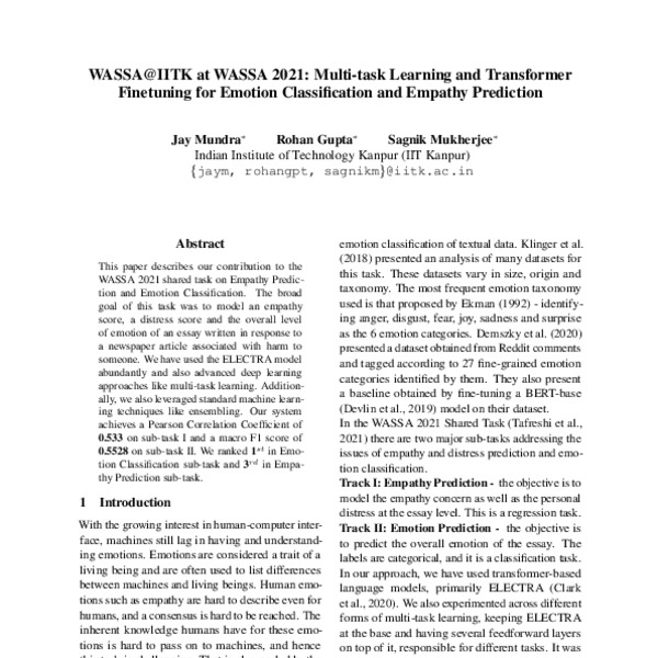 WASSA@IITK at WASSA 2021: Multi-task Learning and Transformer Finetuning for Emotion ...