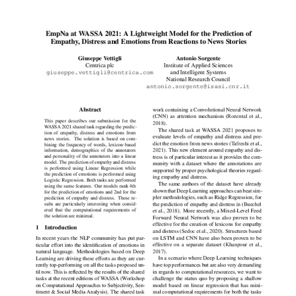 EmpNa at WASSA 2021: A Lightweight Model for the Prediction of Empathy ...