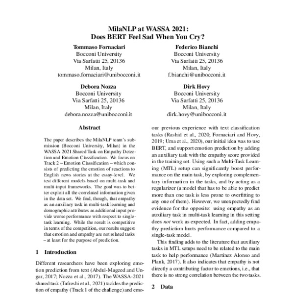 MilaNLP @ WASSA: Does BERT Feel Sad When You Cry? - ACL Anthology