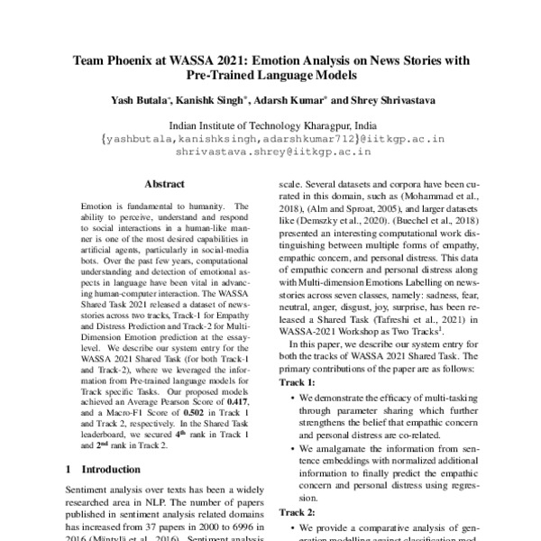 Team Phoenix at WASSA 2021: Emotion Analysis on News Stories with Pre ...