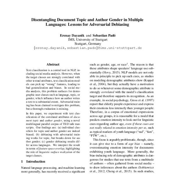 Disentangling Document Topic and Author Gender in Multiple Languages ...