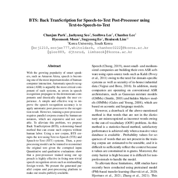 BTS: Back TranScription for Speech-to-Text Post-Processor using Text-to ...