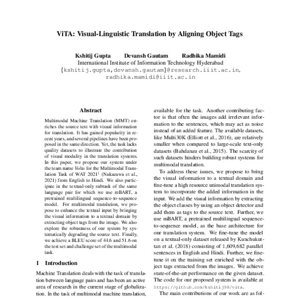ViTA: Visual-Linguistic Translation by Aligning Object Tags - ACL Anthology