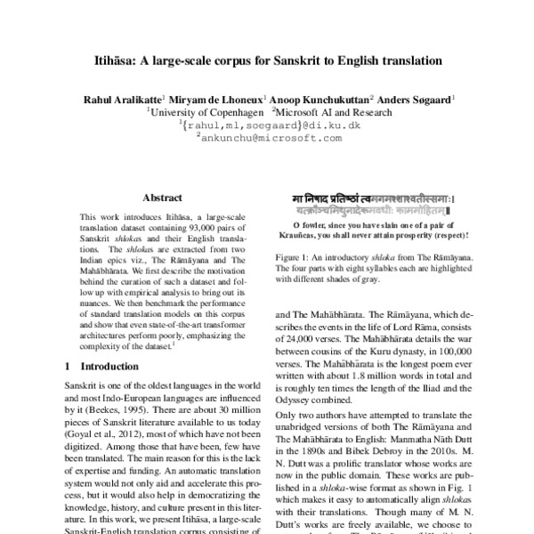 Itihasa: A large-scale corpus for Sanskrit to English translation - ACL ...