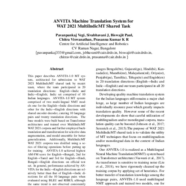 ANVITA Machine Translation System for WAT 2021 MultiIndicMT Shared Task - ACL Anthology