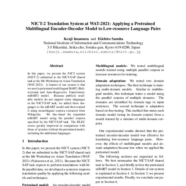 NICT-2 Translation System at WAT-2021: Applying a Pretrained Multilingual Encoder-Decoder Model ...