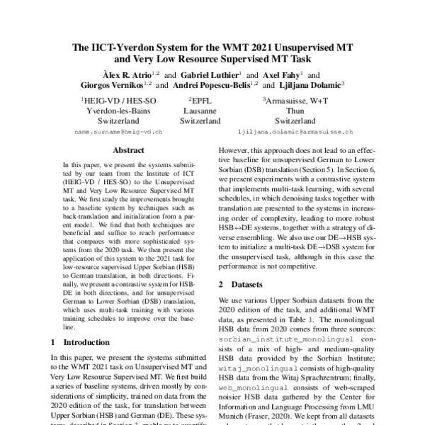 The Iict Yverdon System For The Wmt 2021 Unsupervised Mt And Very Low
