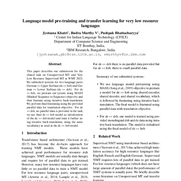 Language Model Pretraining and Transfer Learning for Very Low Resource Languages - ACL Anthology