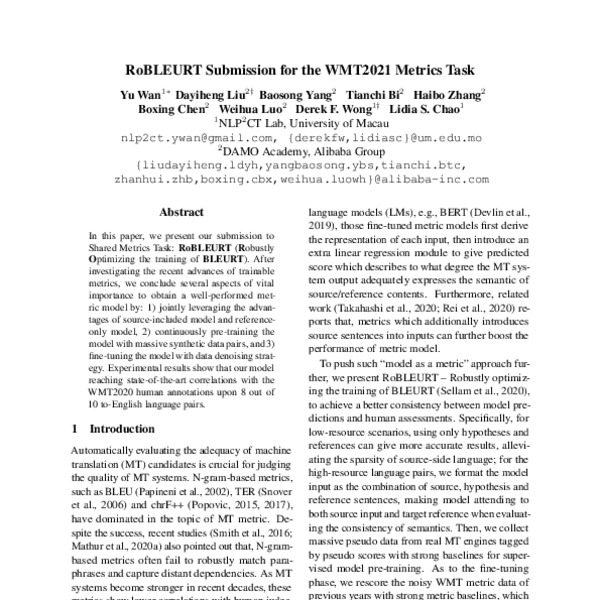 RoBLEURT Submission for WMT2021 Metrics Task - ACL Anthology