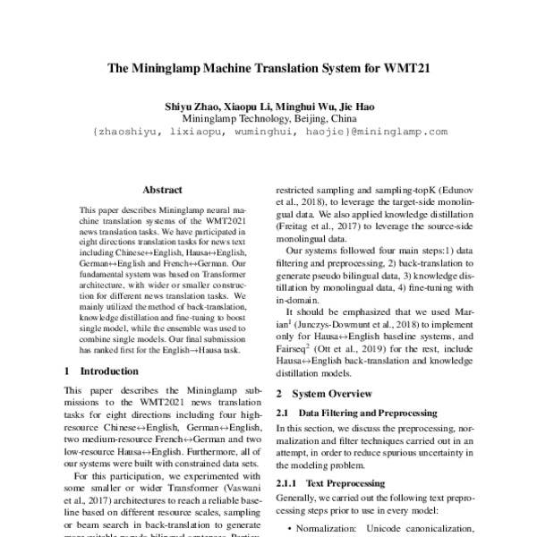The Mininglamp Machine Translation System for WMT21 - ACL Anthology
