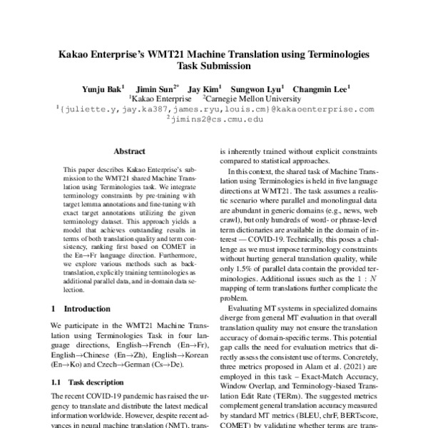 Kakao Enterprises Wmt21 Machine Translation Using Terminologies Task Submission Acl Anthology
