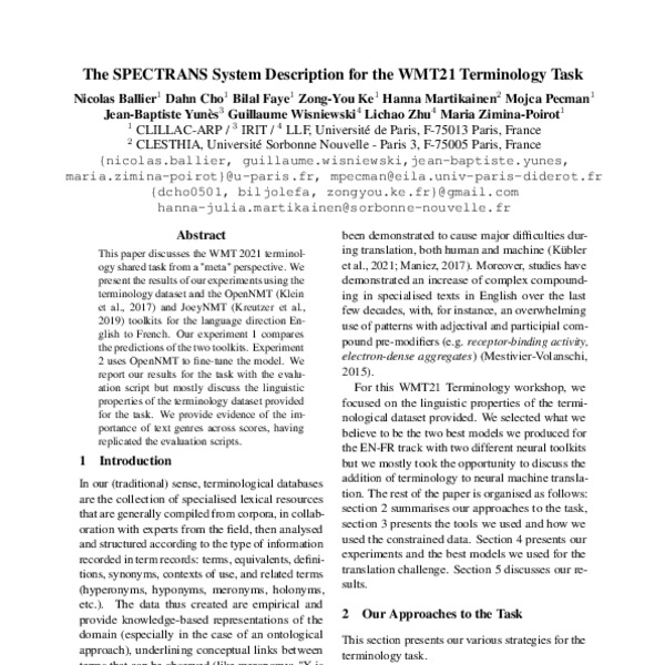The SPECTRANS System Description for the WMT21 Terminology Task - ACL ...