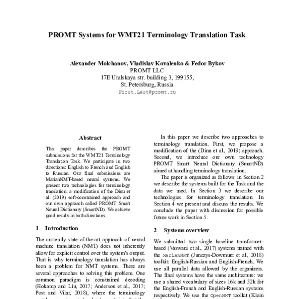 PROMT Systems for WMT21 Terminology Translation Task - ACL Anthology