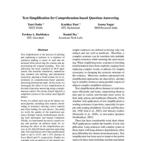 Text Simplification for Comprehension-based Question-Answering - ACL Anthology