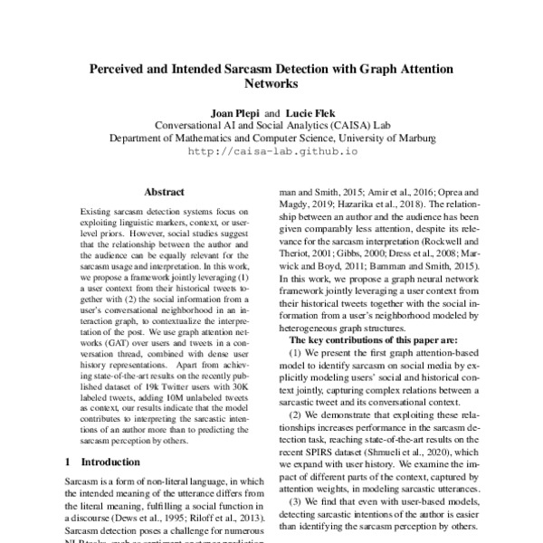 Perceived And Intended Sarcasm Detection With Graph Attention Networks Acl Anthology