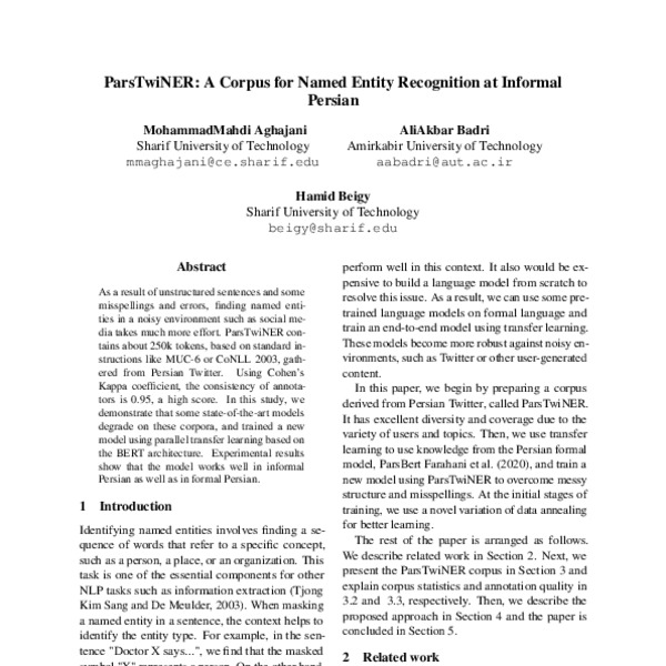 Parstwiner A Corpus For Named Entity Recognition At Informal Persian Acl Anthology